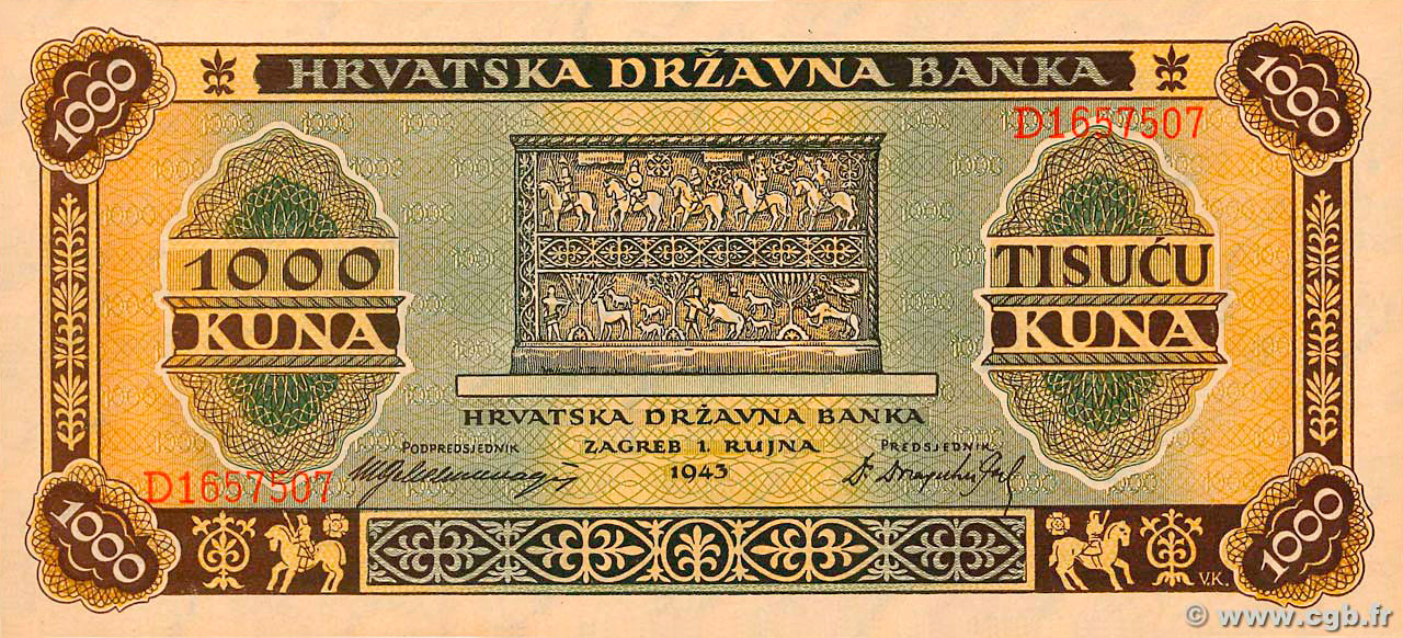 1000 kuna Type 1943 Croatie | Croatie - Le catalogue Numizon