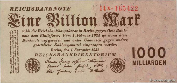 Reichsbanknotes 1 trillion mark type 1923 | Germany (1918-1933) - The ...