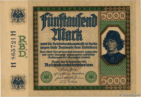 Reichsbanknotes 5,000 mark type 1922 | Germany (1918-1933) - The ...