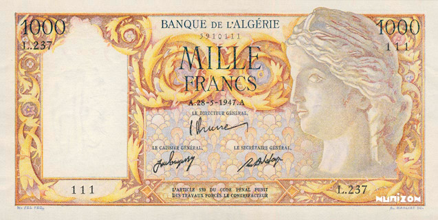 Algeria 1,000 francs type 1946 "Isis" | Algeria - The banknote Numizon ...