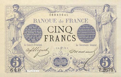 5 francs Type 1871 Bleu | France (1800-1899) - The banknote Numizon catalog