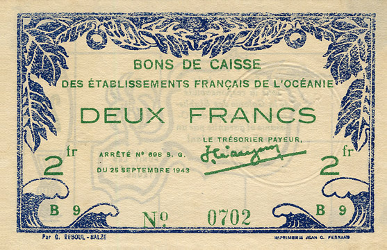 2 francs Type 1943 Free France | French Oceania - The banknote Numizon ...