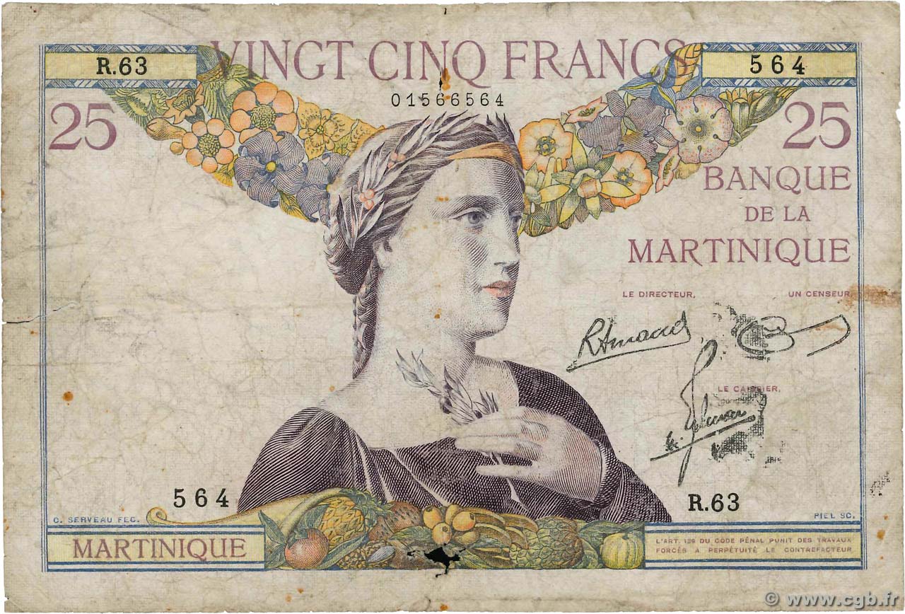 Banknote 25 francs type 1927 Martinique | R.63 564 | Pick #12d TBB #BDM ...