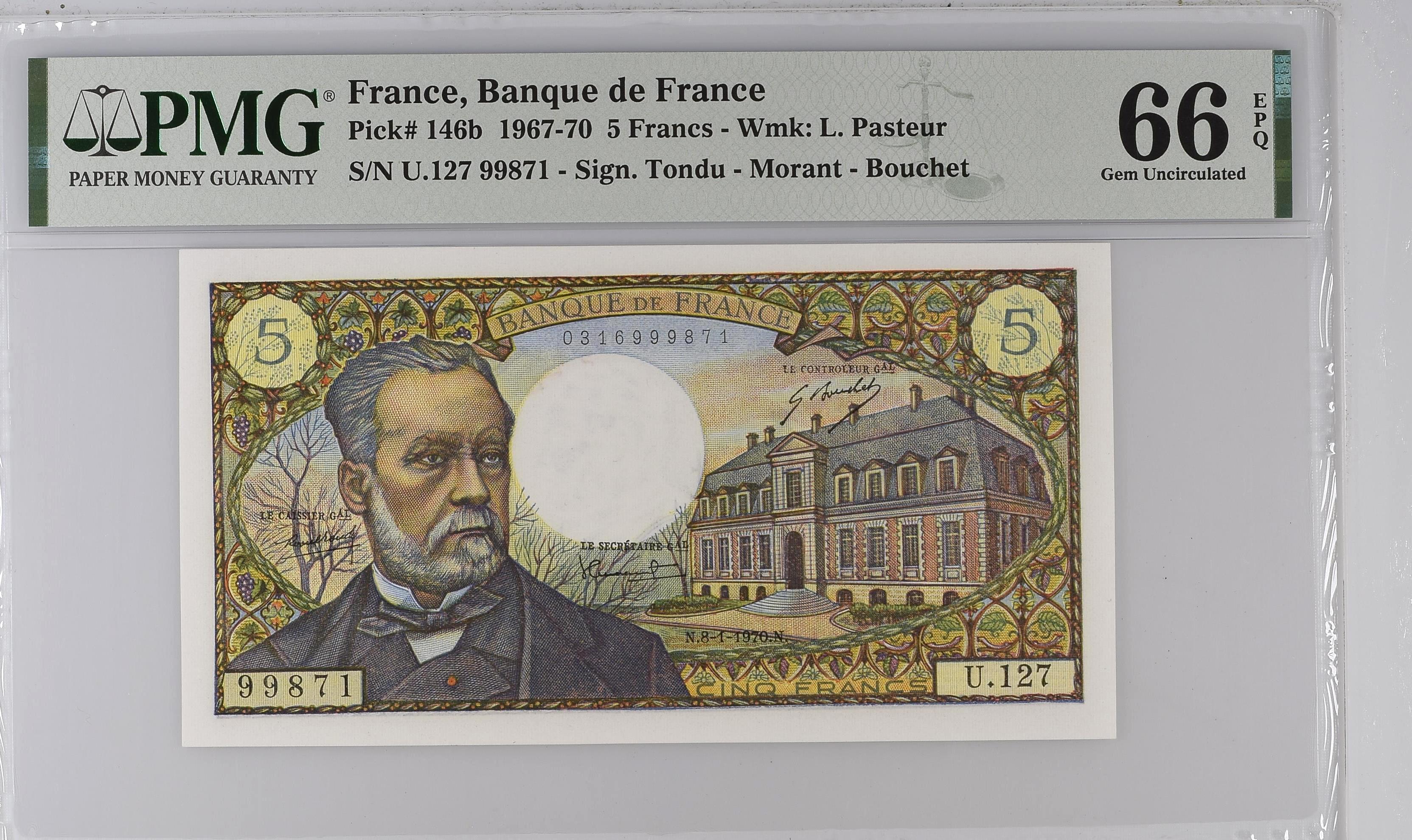 Banknote 5 francs type 1966 Pasteur France | U.127 99871 | Pick #146b